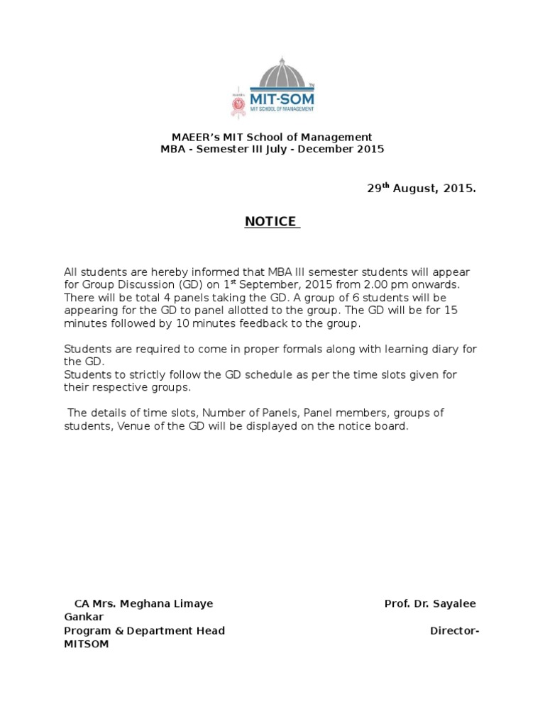 Notice To Students For GD& PI 29-8-15 | PDF | Business | Social Science