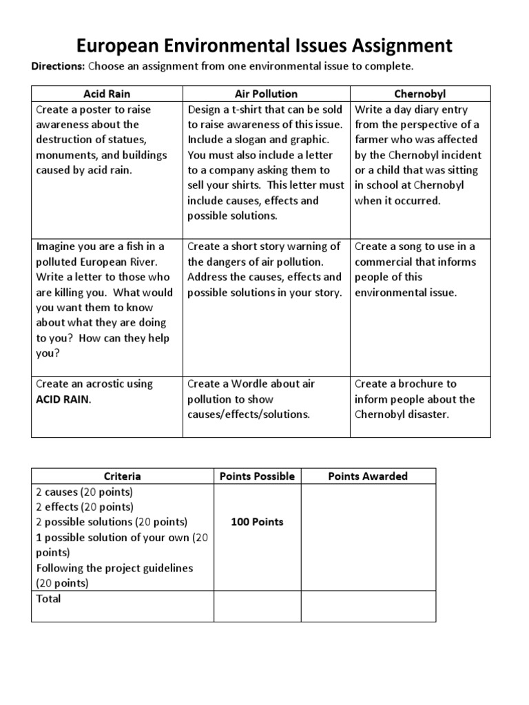 European Environmental Issues Assignment Choice Board | PDF | Art