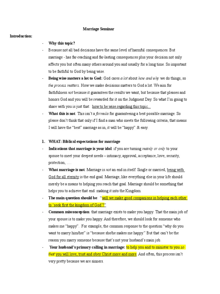 Marriage Seminar Notes - Bethany | PDF | Marriage | Faith
