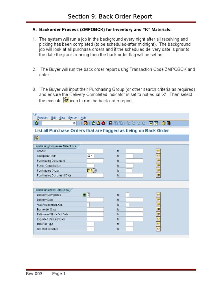 Section 9: Back Order Report: A. Backorder Process (ZMPOBCK) For ...