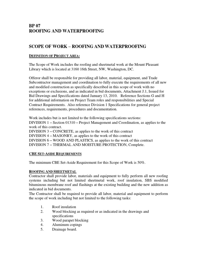 BP 07 Roofing and Waterproofing Scope of | PDF | Drywall | Wall