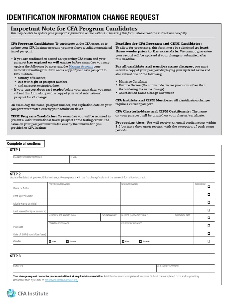 Identification Information Change Request: Important Note For CFA ...