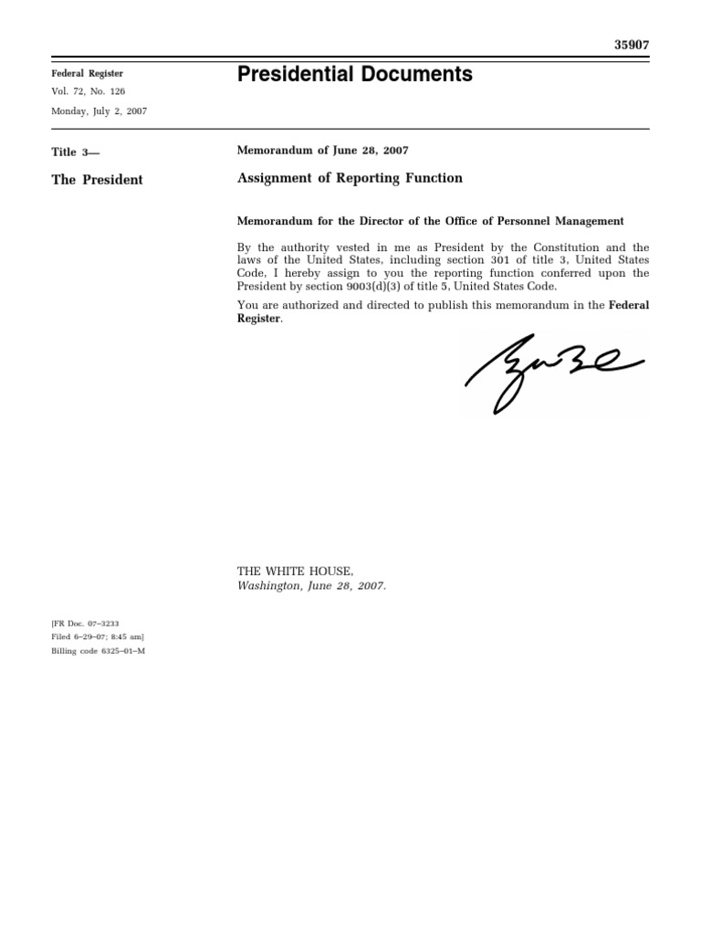 Presidential Memorandum on Reporting Function | PDF | Presidents Of The ...