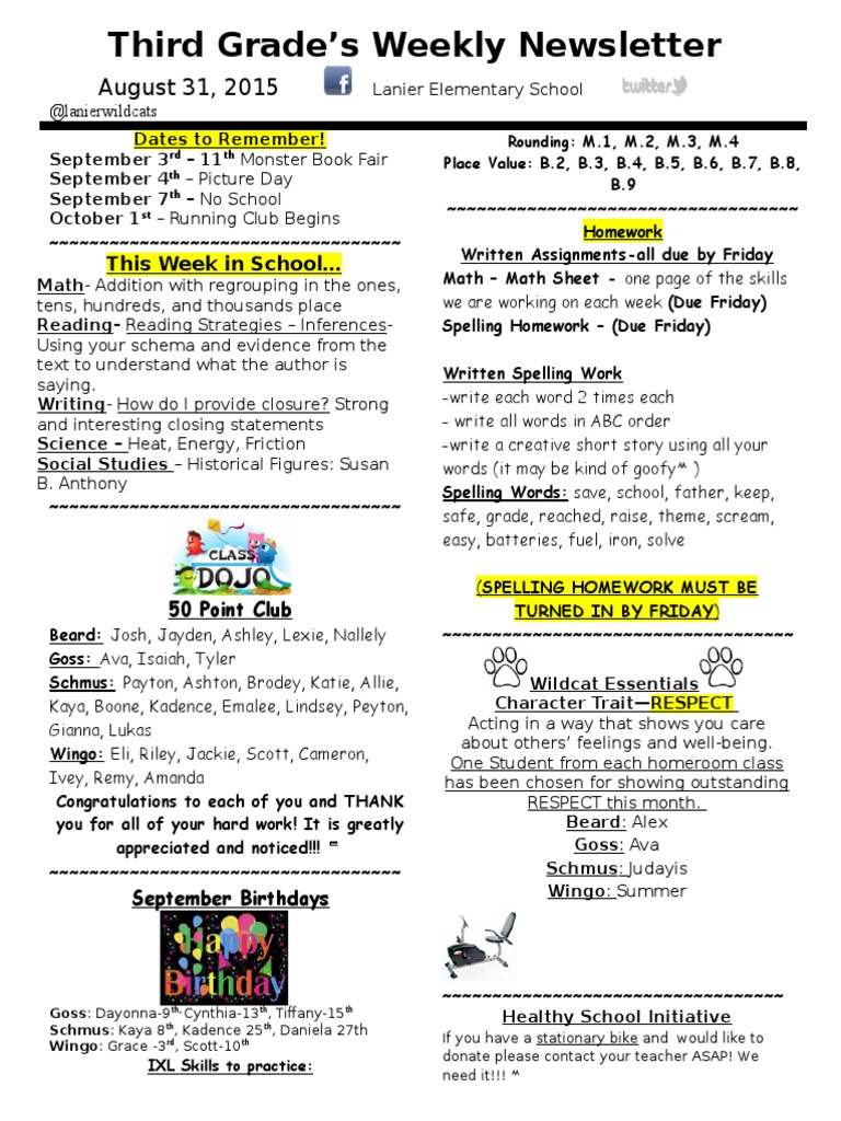 Third Grade Weekly Newsletter: Sept 2015 | PDF