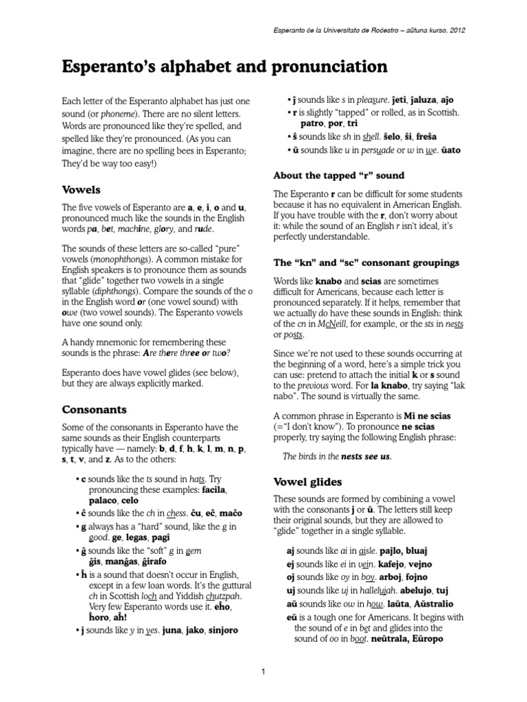 Esperanto Language Pronunciation | PDF | Vowel | English Language