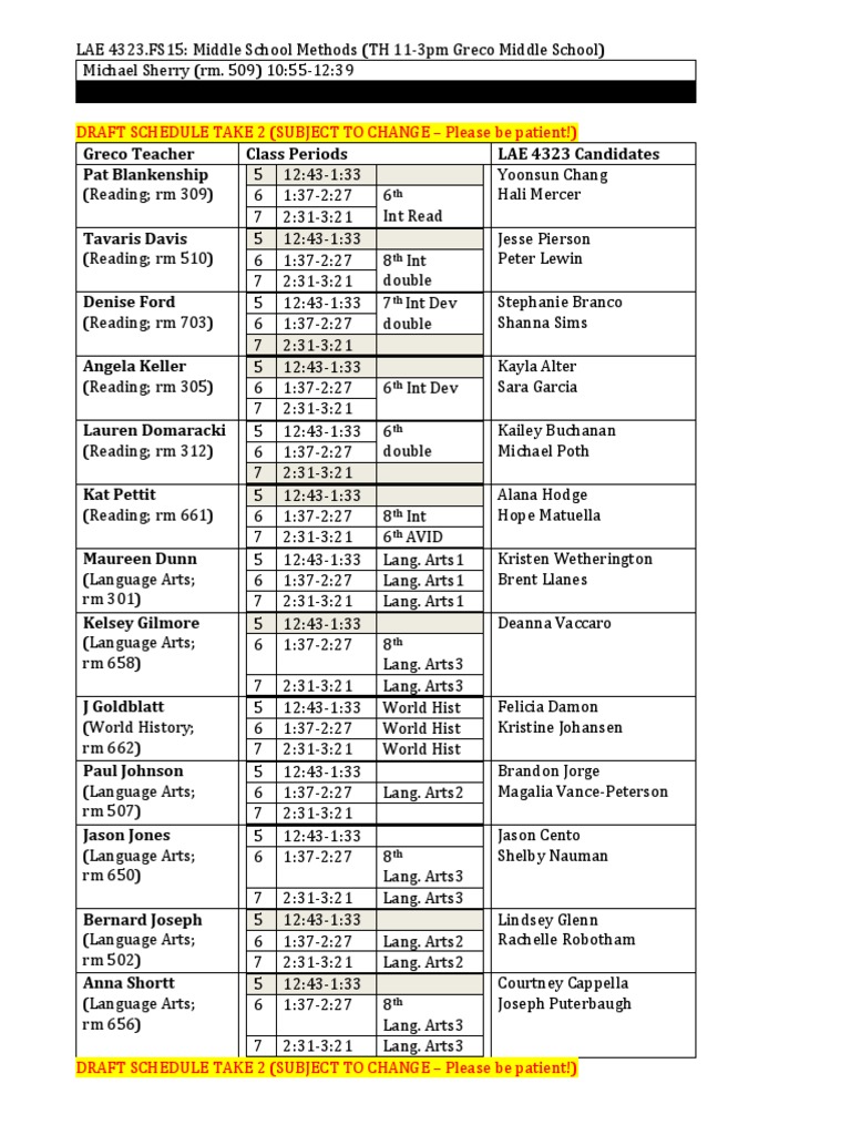 Draft Schedule Take 2 (Subject To Change - Please Be Patient!) | PDF