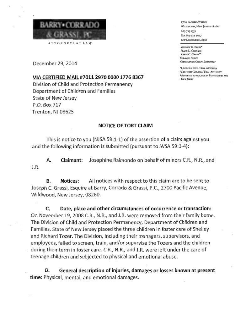 DYFS Tort Notices 2015 | PDF | Damages | Negligence