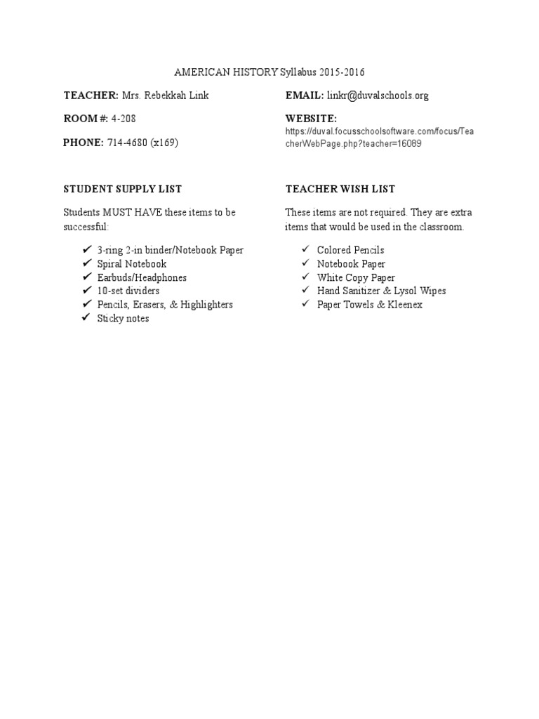 American History Syllabus | PDF | Homework | Classroom