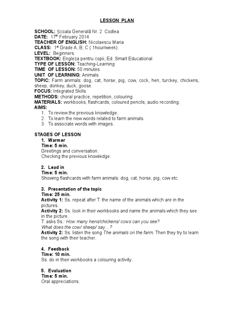 Farm Animals Lesson Plan for Grade 1 | PDF | Language Arts & Discipline