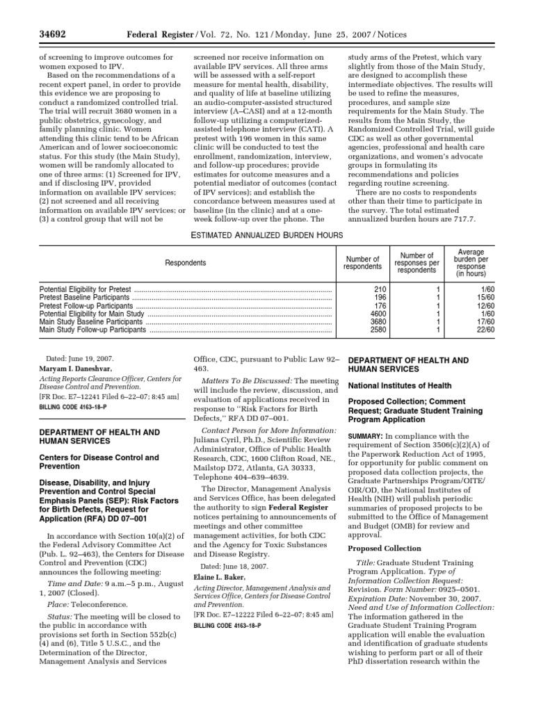 Notice: Meetings: Disease, Disability, and Injury Prevention and ...