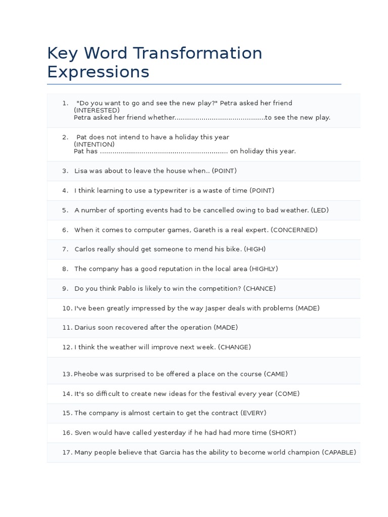 Key Word Transformation Exercises | PDF | Cognitive Science | Cognition