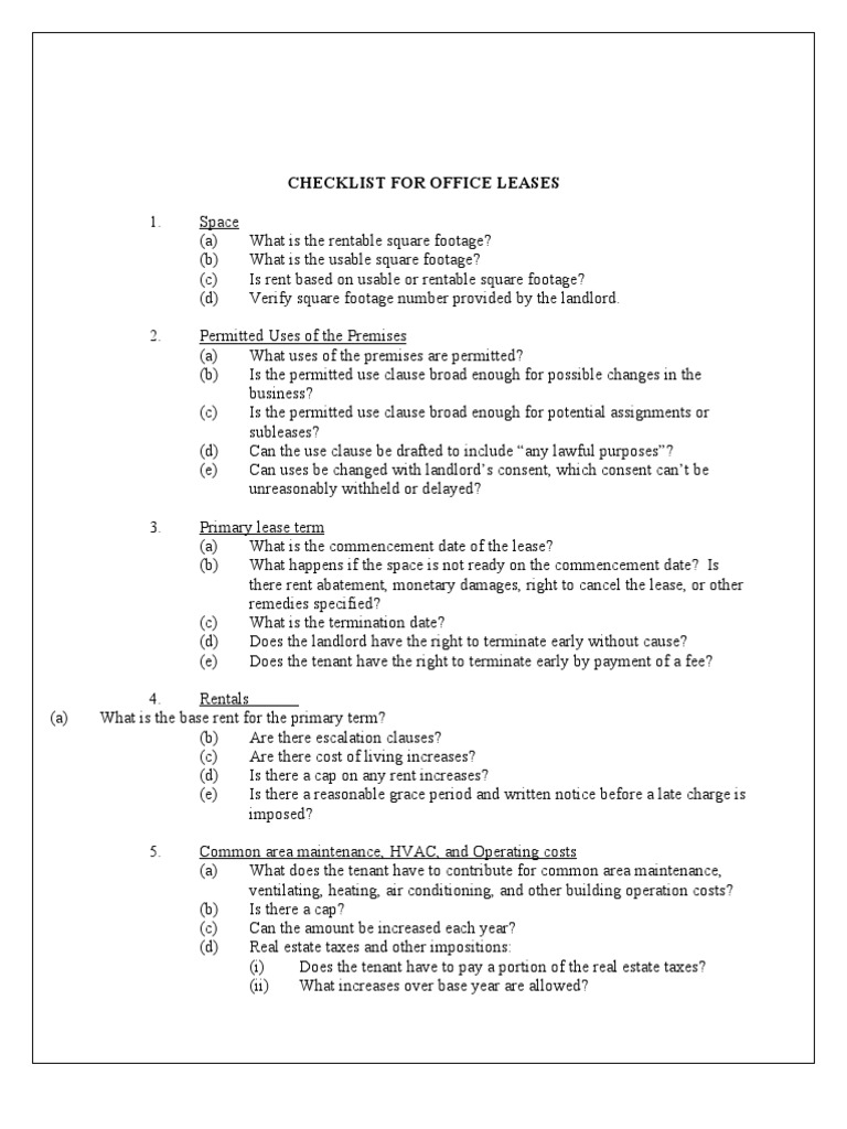 Checklist For Office Leases | PDF | Lease | Leasehold Estate
