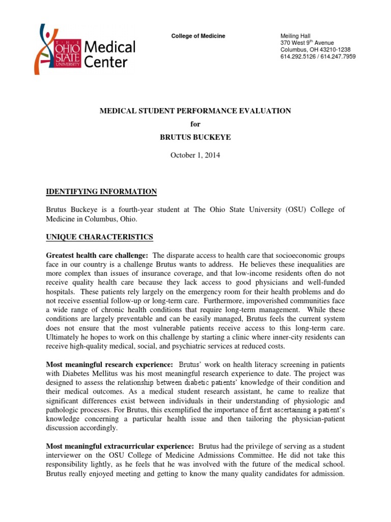 Sample MSPE 2014 | Medical School | Patient