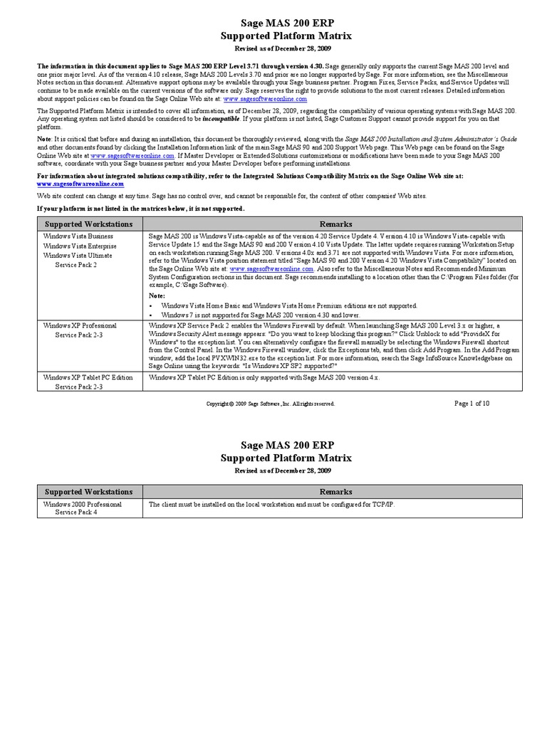 Sage MAS 200 ERP Level 3.71 through version 4.30 Supported Platform ...