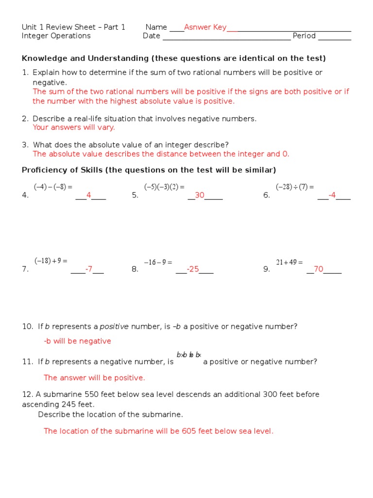 Unit 1 Review Sheet Part I Answer Key | PDF