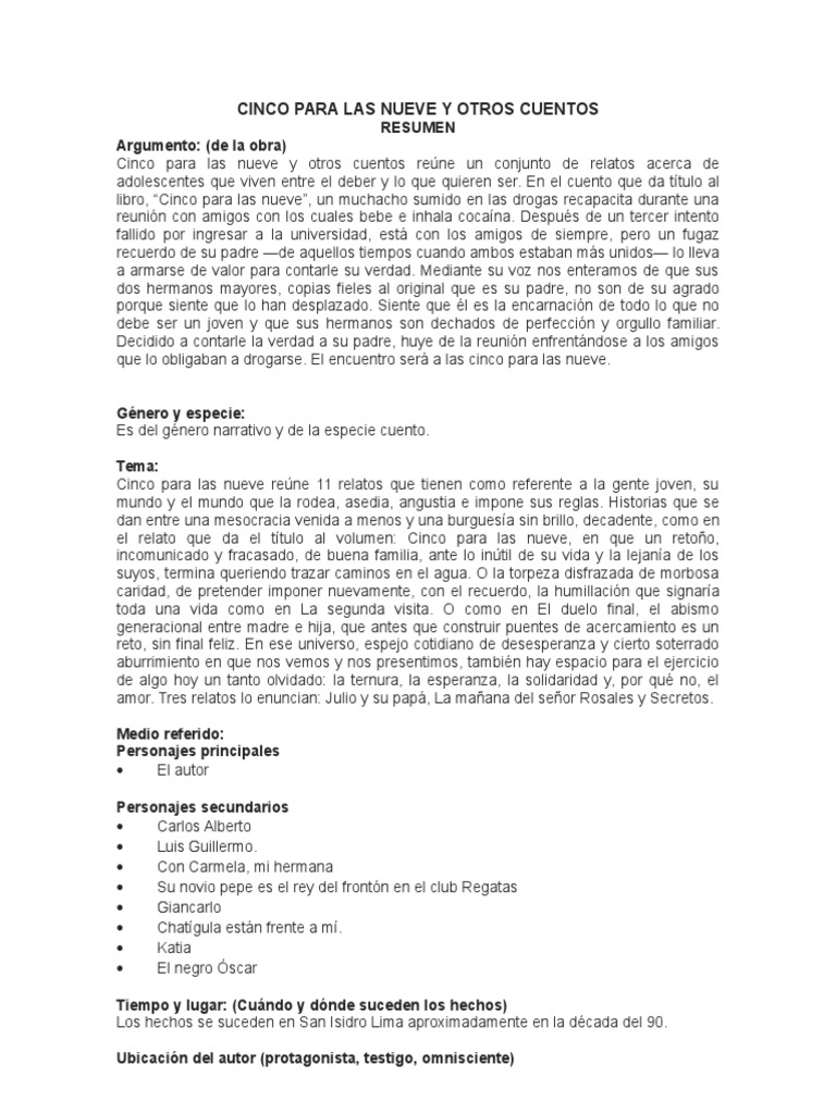 Resumen Cinco para Las Nueve y Otros Cuentos de Alonso Cueto | PDF | Narración | Narrativa