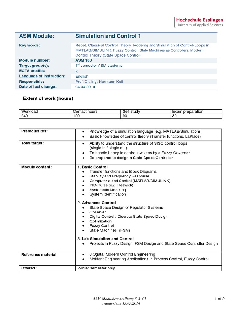 ASM Module: Simulation and Control 1: Extent of Work (Hours) | Download ...