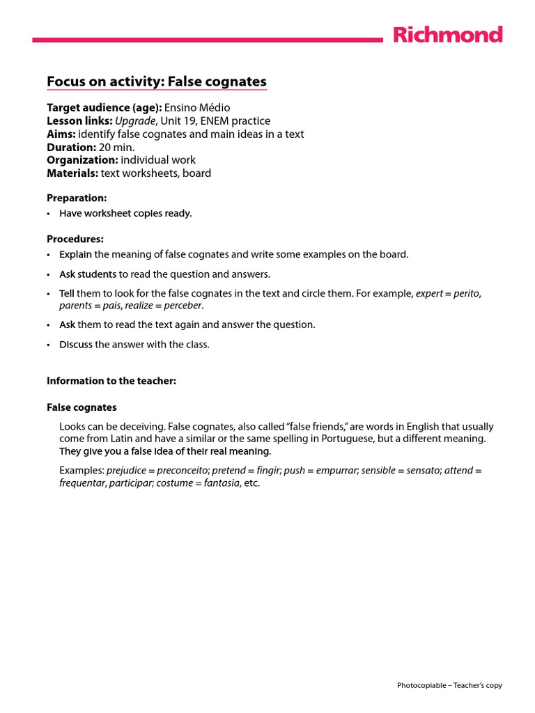Cognates Reading Worksheet False Cognates | PDF | Linguistics