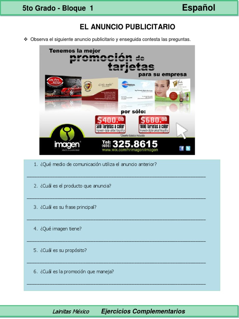 Ejercicios de Anuncios Publicitarios 5to Grado | PDF