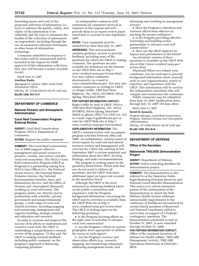 Notice: Reports and Guidance Documents Availability, Etc.: Coral Reef ...