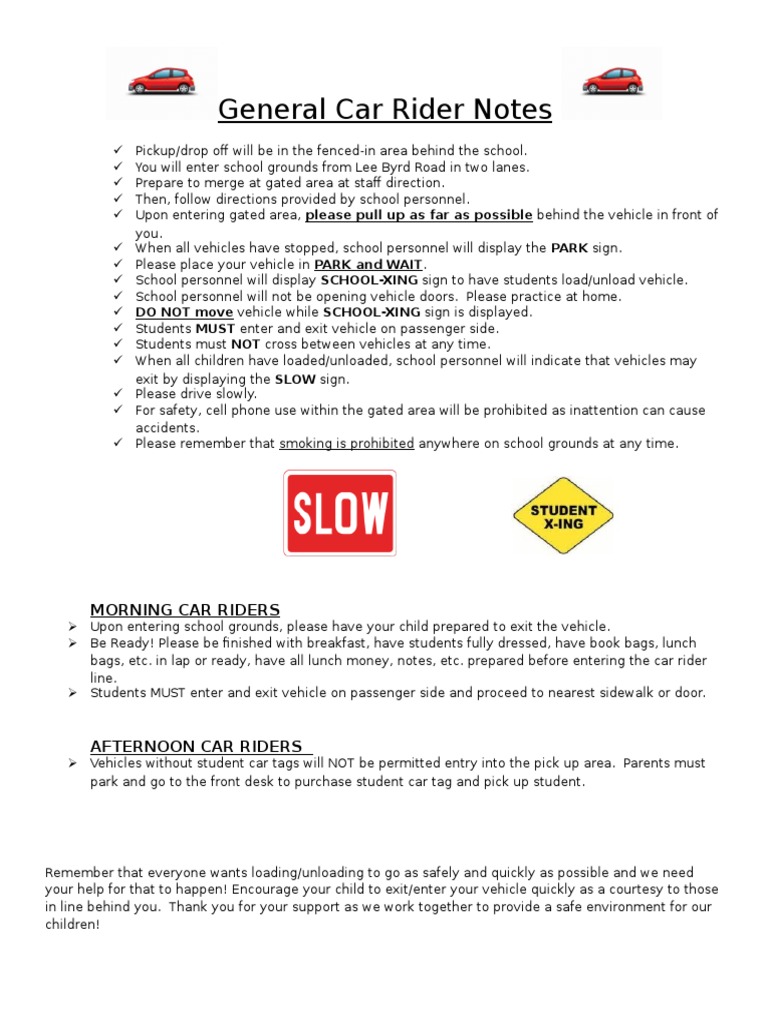 Car Rider Letter | PDF