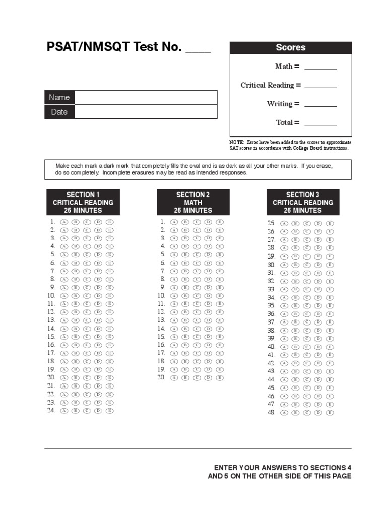 PSAT Answer Sheet | PDF PSAT Answer Sheet | PDF