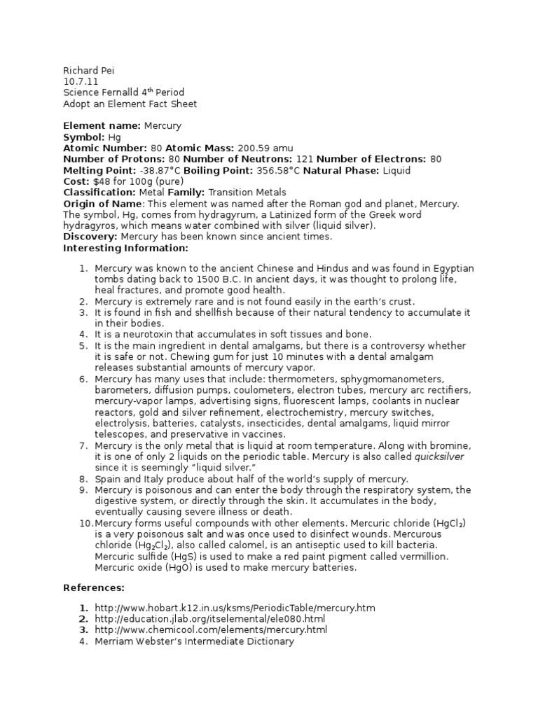 Adopt An Element Fact Sheet | PDF | Mercury (Element) | Metallic Elements