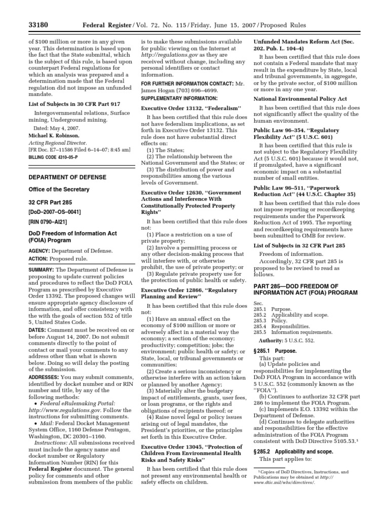 Proposed Rule: DOD Freedom of Information Act (FOIA) Program Policy ...