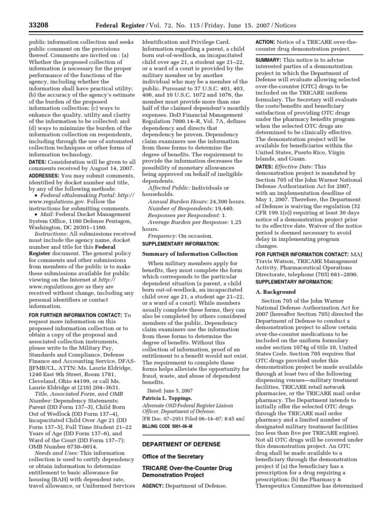 Notice: Reports and Guidance Documents Availability, Etc.: TRICARE Over ...