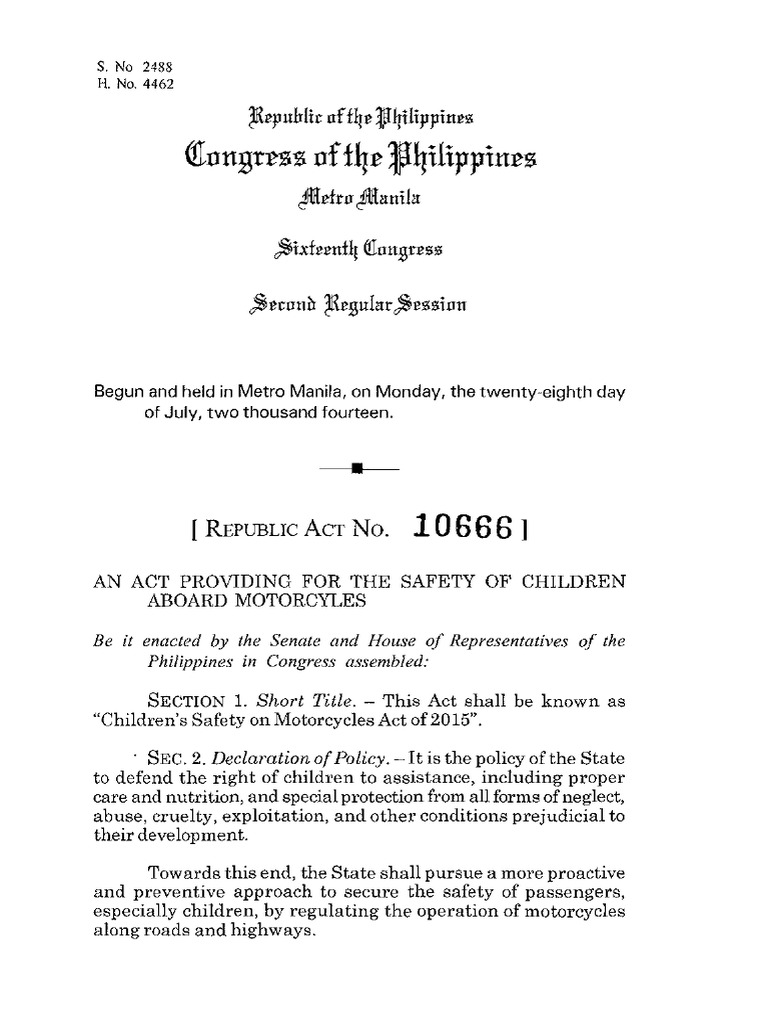 RA 10666 - Children On Motorcycles | PDF | Repeal | Motorcycle