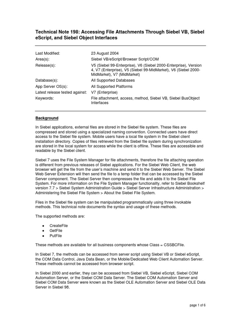 Accessing File Attachments Through Siebel VB, Siebel Escript, and Siebel Object Interfaces | PDF