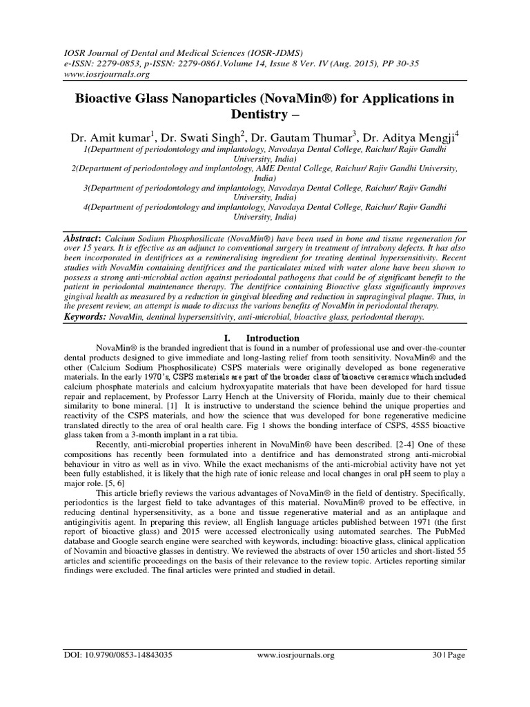 Bioactive Glass Nanoparticles (NovaMin®) For Applications in Dentistry ...