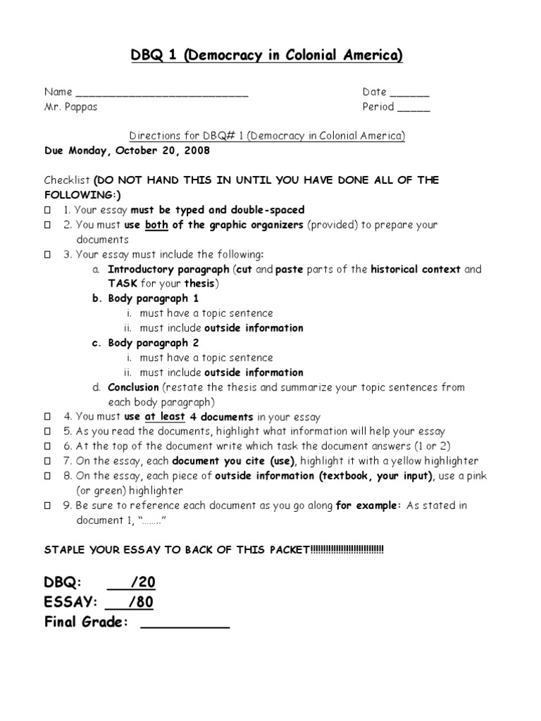 DBQ 1 (Democracy in Colonial America) | PDF | Democracy | Political ...