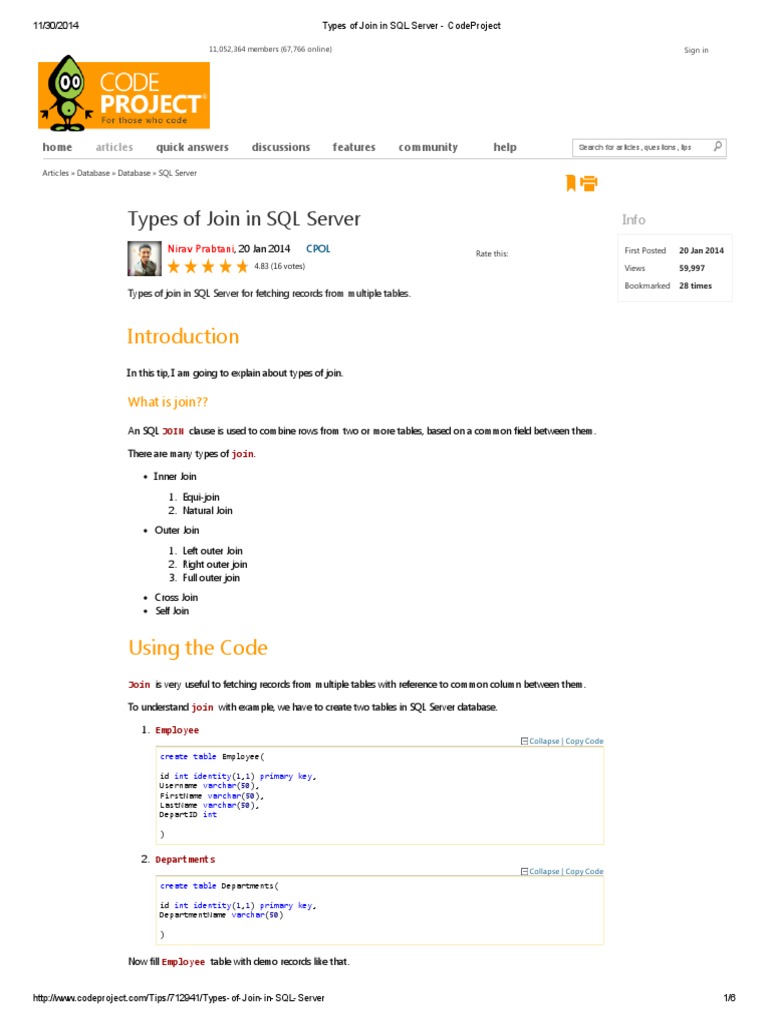 Types Of Join In Sql Server Codeproject Pdf Databases Information Technology