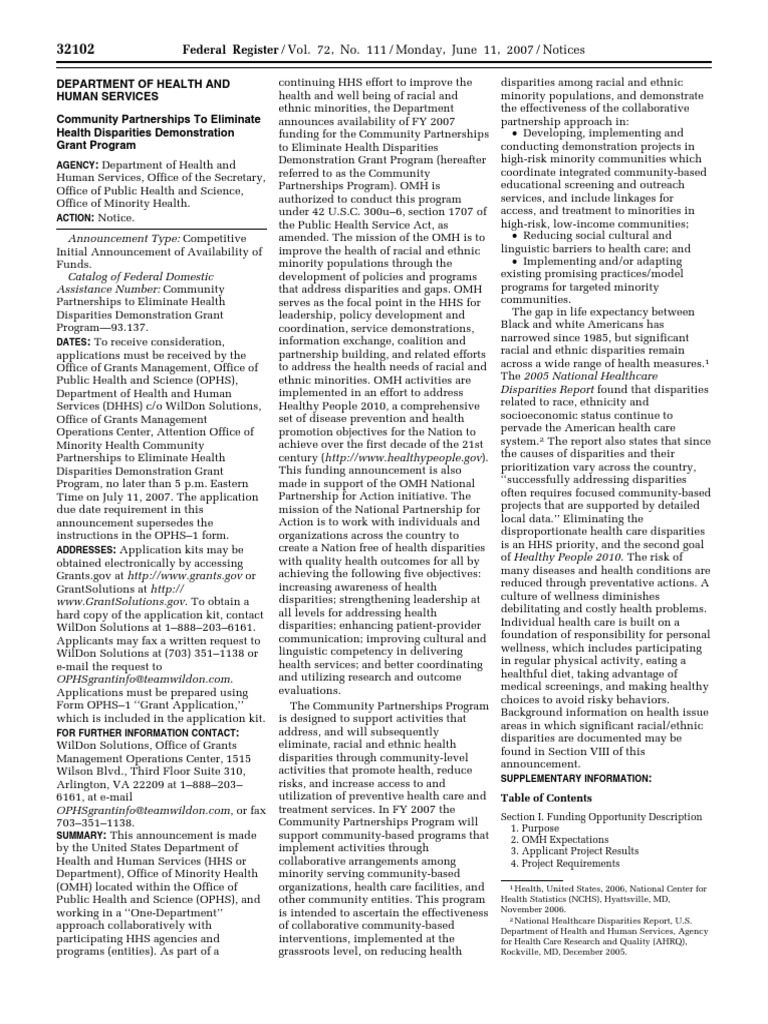 Notice: Grants and Cooperative Agreements Availability, Etc.: Community Partnerships To ...