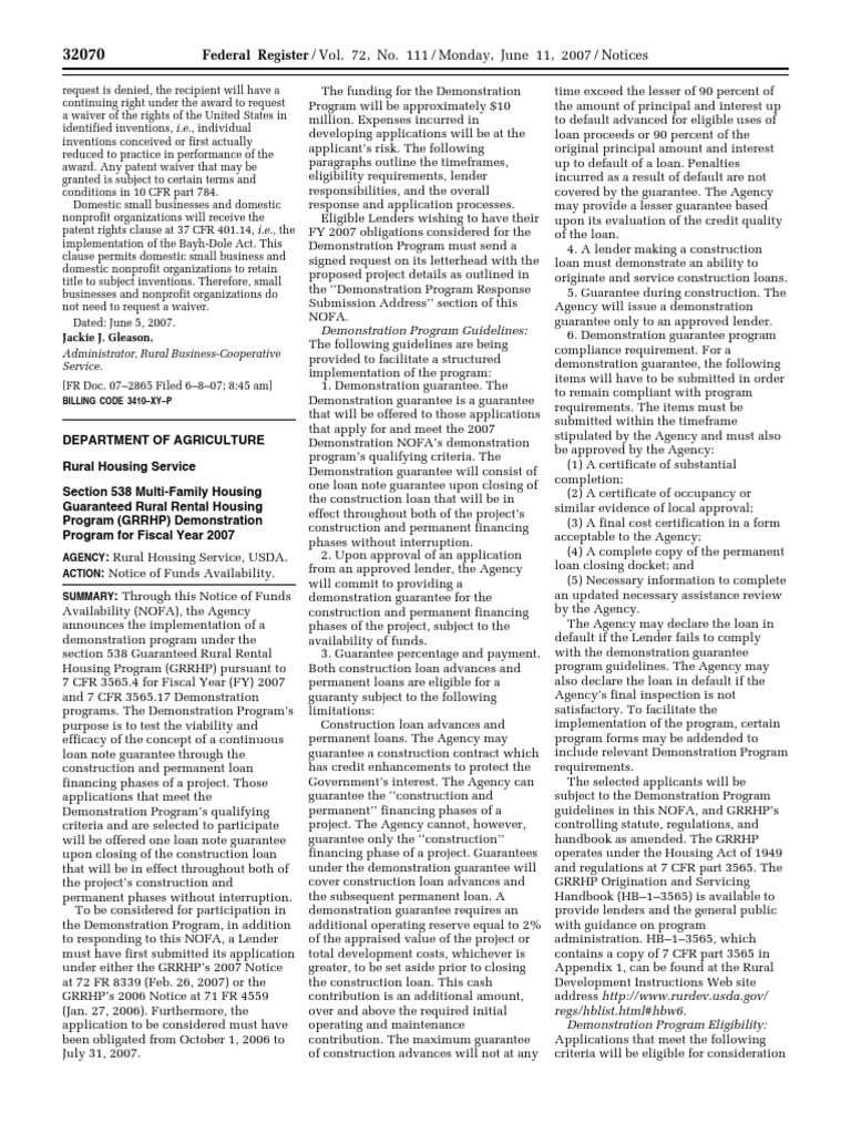 Notice: Grants and Cooperative Agreements Availability, Etc.: Section 538 Guaranteed Rural ...