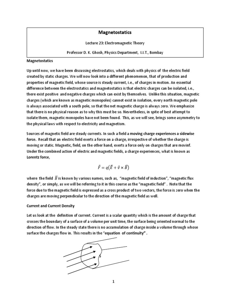 Magnetostatics Lecture 1 | PDF | Magnetic Field | Electric Charge