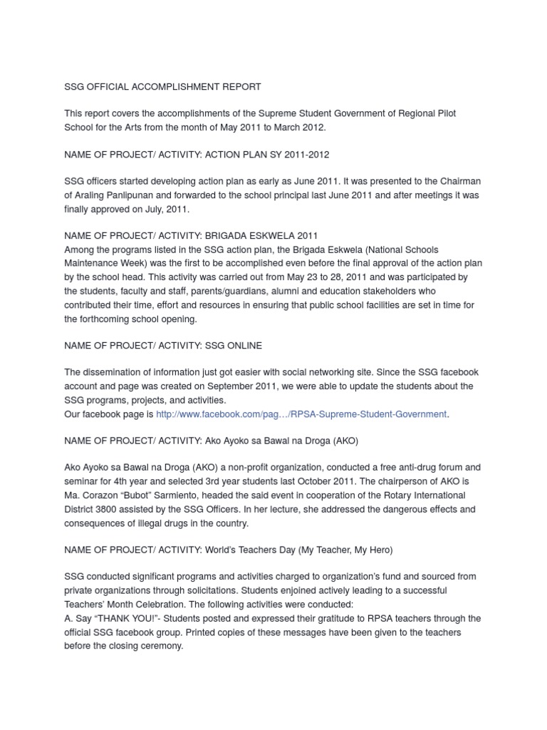 SSG Official Accomplishment Report | PDF | Millennium Development Goals ...