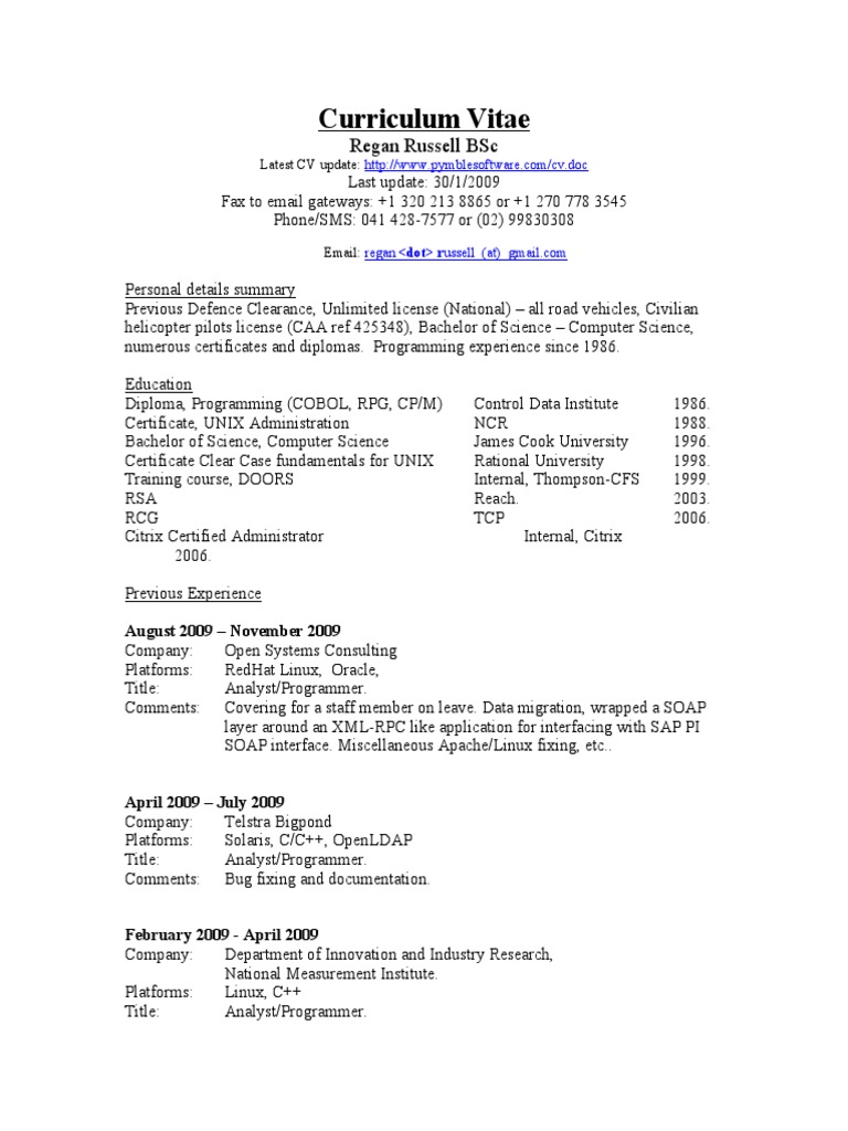 Curriculum Vitae: Regan Russell BSC | PDF | Microsoft Windows | Supercomputer