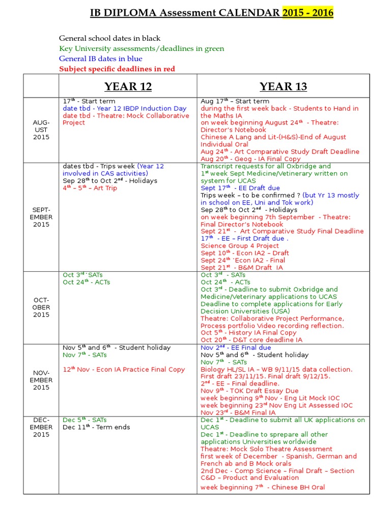 Ibdp Ass't Calendar 2015-16 | PDF | Educational Assessment And ...