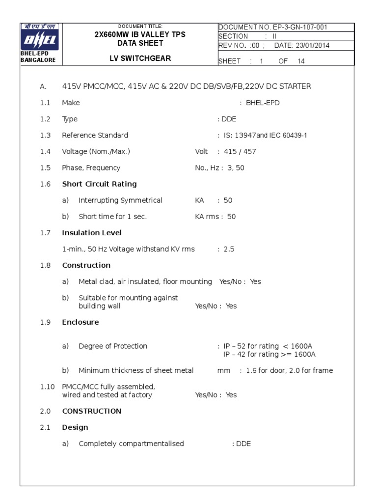 415V PMCC/MCC, 415V Ac & 220V DC DB/SVB/FB, 220V DC Starter: 2X660Mw Ib ...