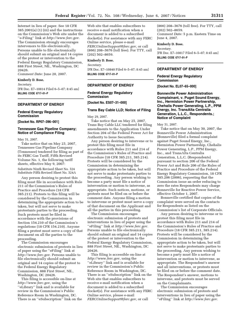 FERC Notices and Compliance Filings | PDF | Federal Energy Regulatory ...