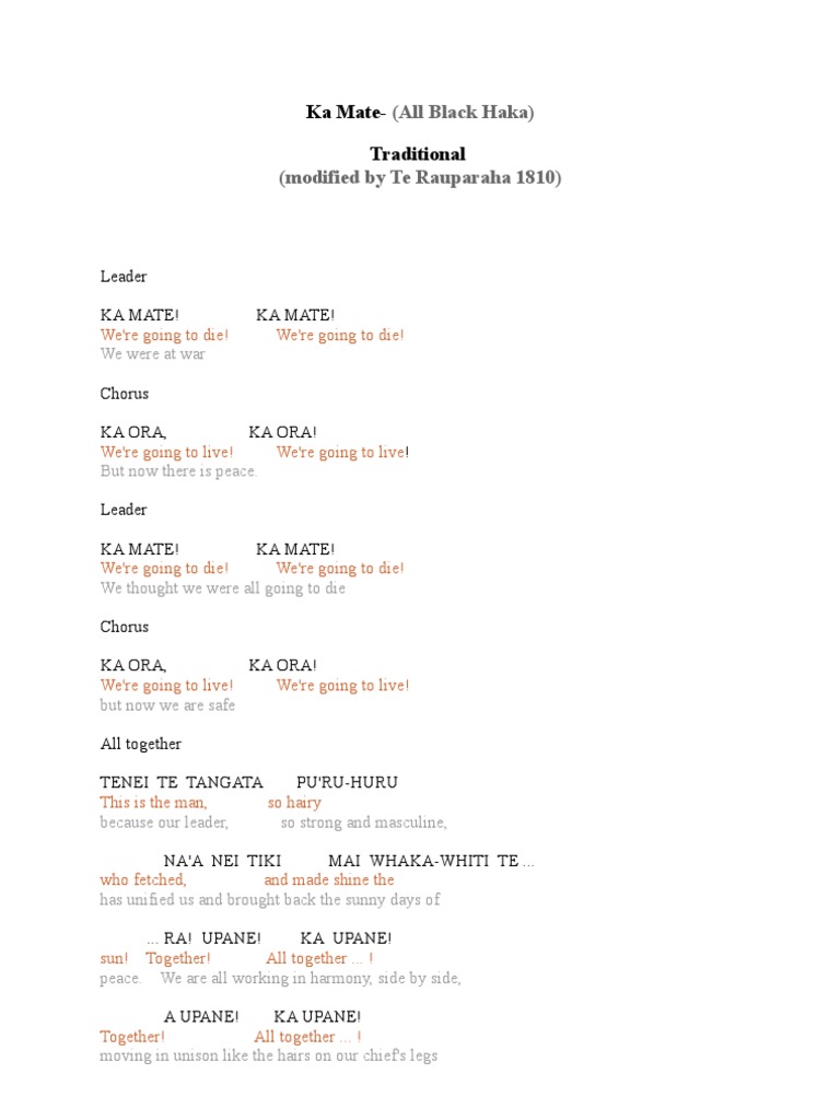 Ka Mate - (All Black Haka) | PDF | Māori | Polynesian New Zealander