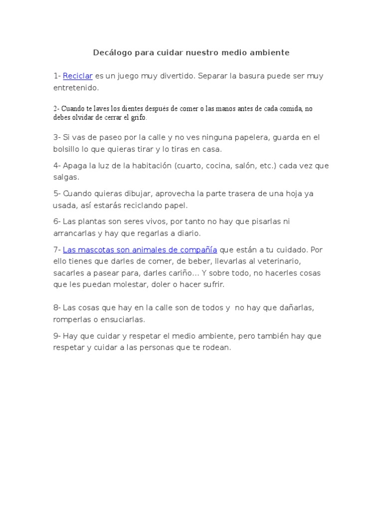 Decálogo Para Cuidar Nuestro Medio Ambiente Pdf