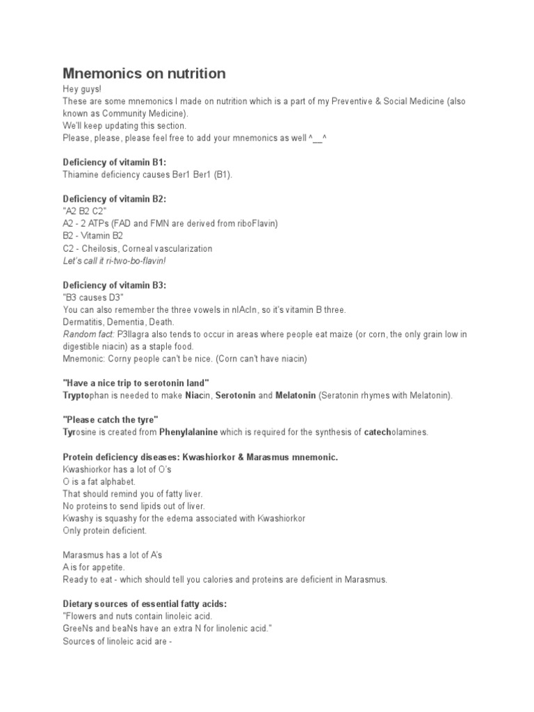 Mnemonics On Nutrition | PDF | Nutrition | Diet & Nutrition