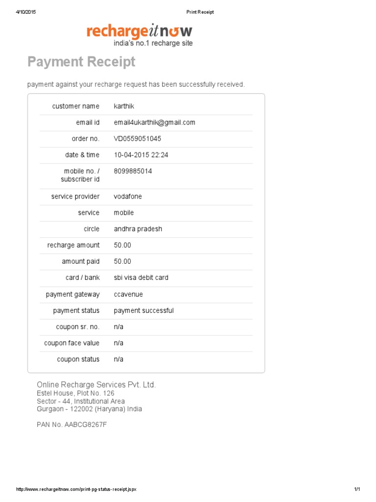 Payment Receipt: Payment Against Your Recharge Request Has Been ...