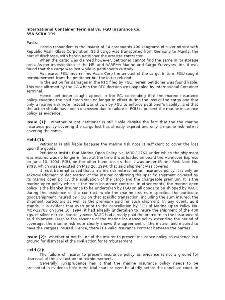 Marine Insurance Cases | Cargo | Insurance