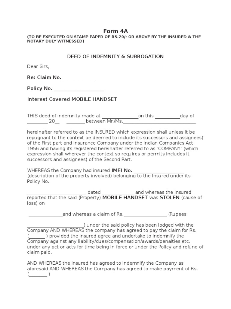Form 4A: Deed of Indemnity & Subrogation | PDF | Indemnity | Subrogation
