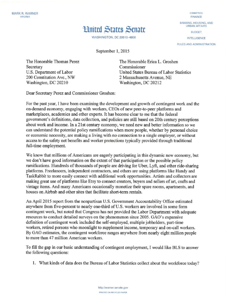 09.01.2015 Senator Warner Letter To BLS | PDF