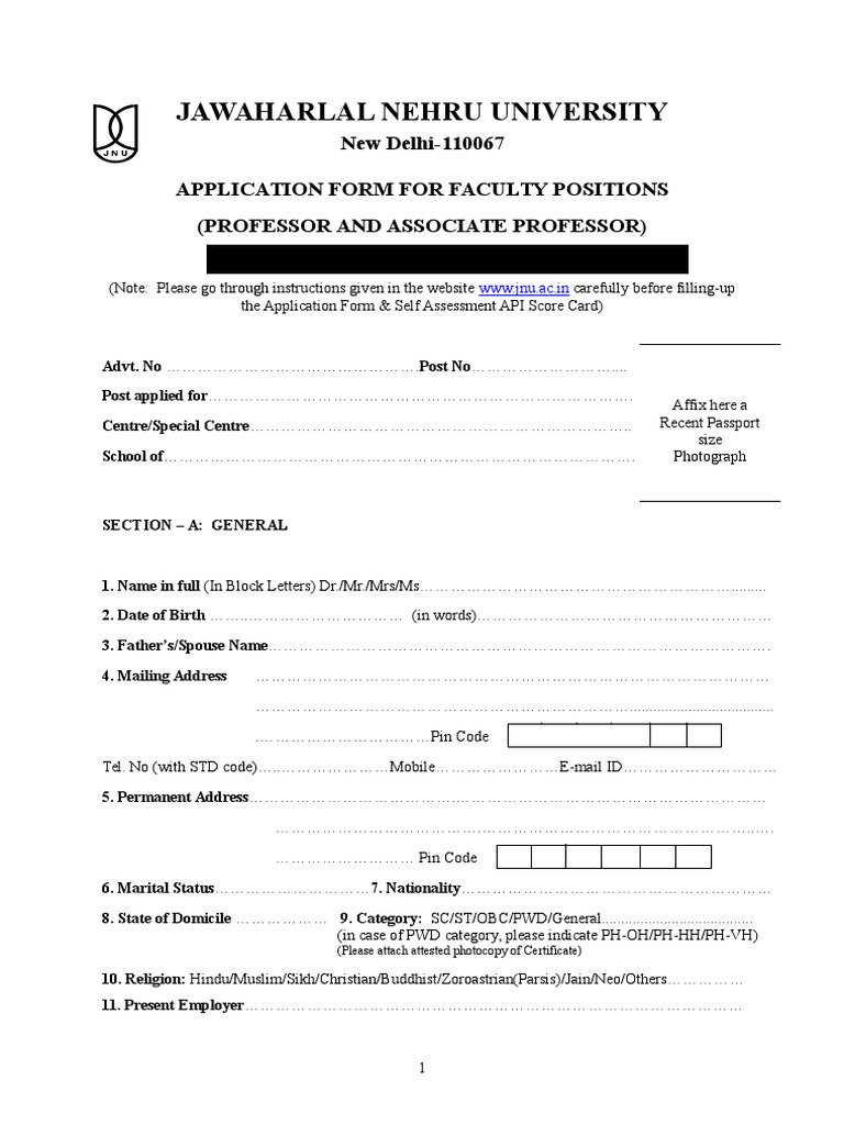 Faculty Application Form for JNU Positions | PDF | Thesis | Doctor Of ...